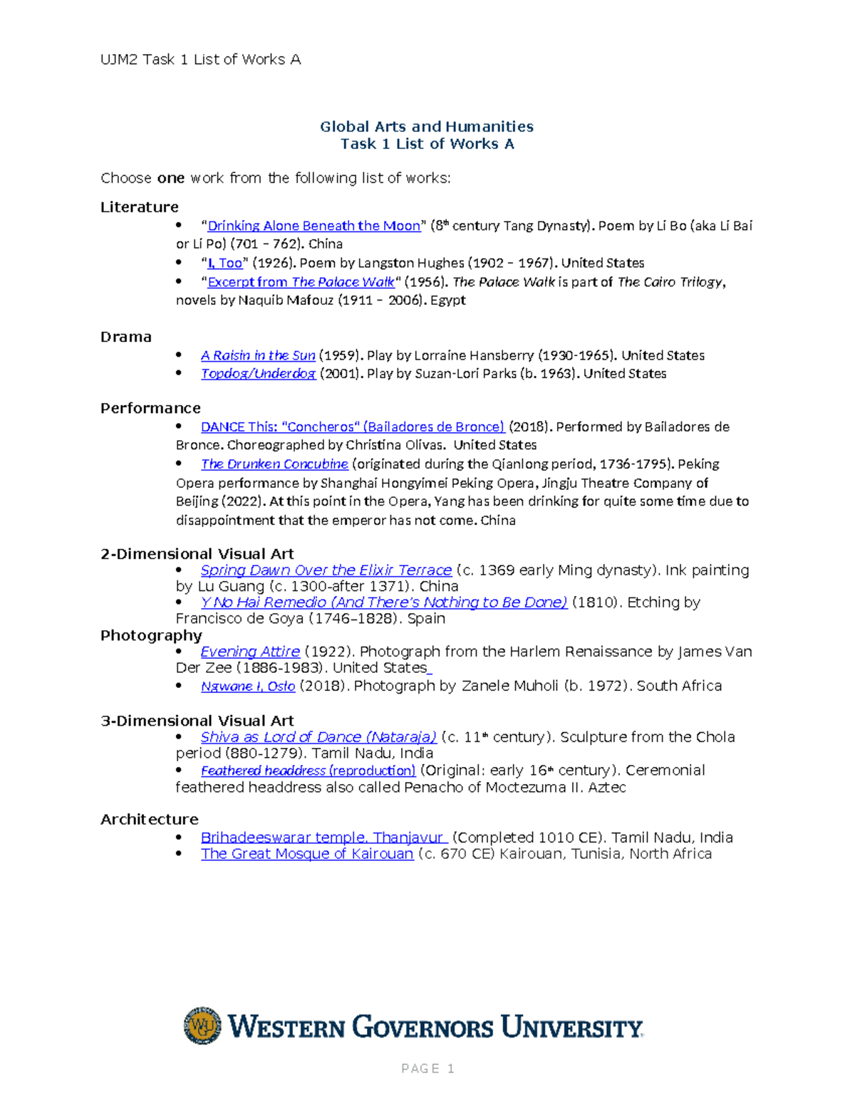 UJM2 Task 1 List A - Selected Works for Arts & Humanities Assignment ...