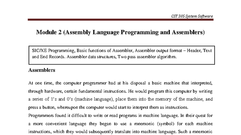 CST 305 System Software Module 2: Assembler Functions & Algorithms - Studocu