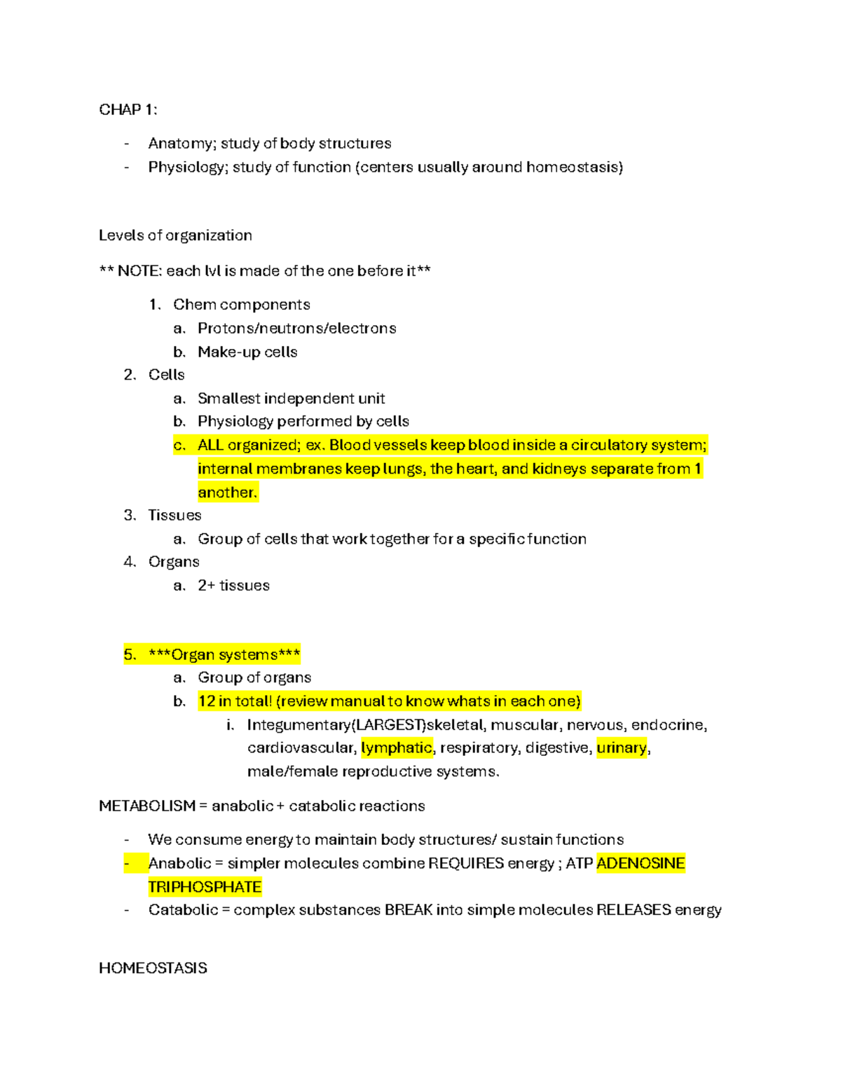 ANAT 101: Overview of Body Structures & Functions in Homeostasis - Studocu
