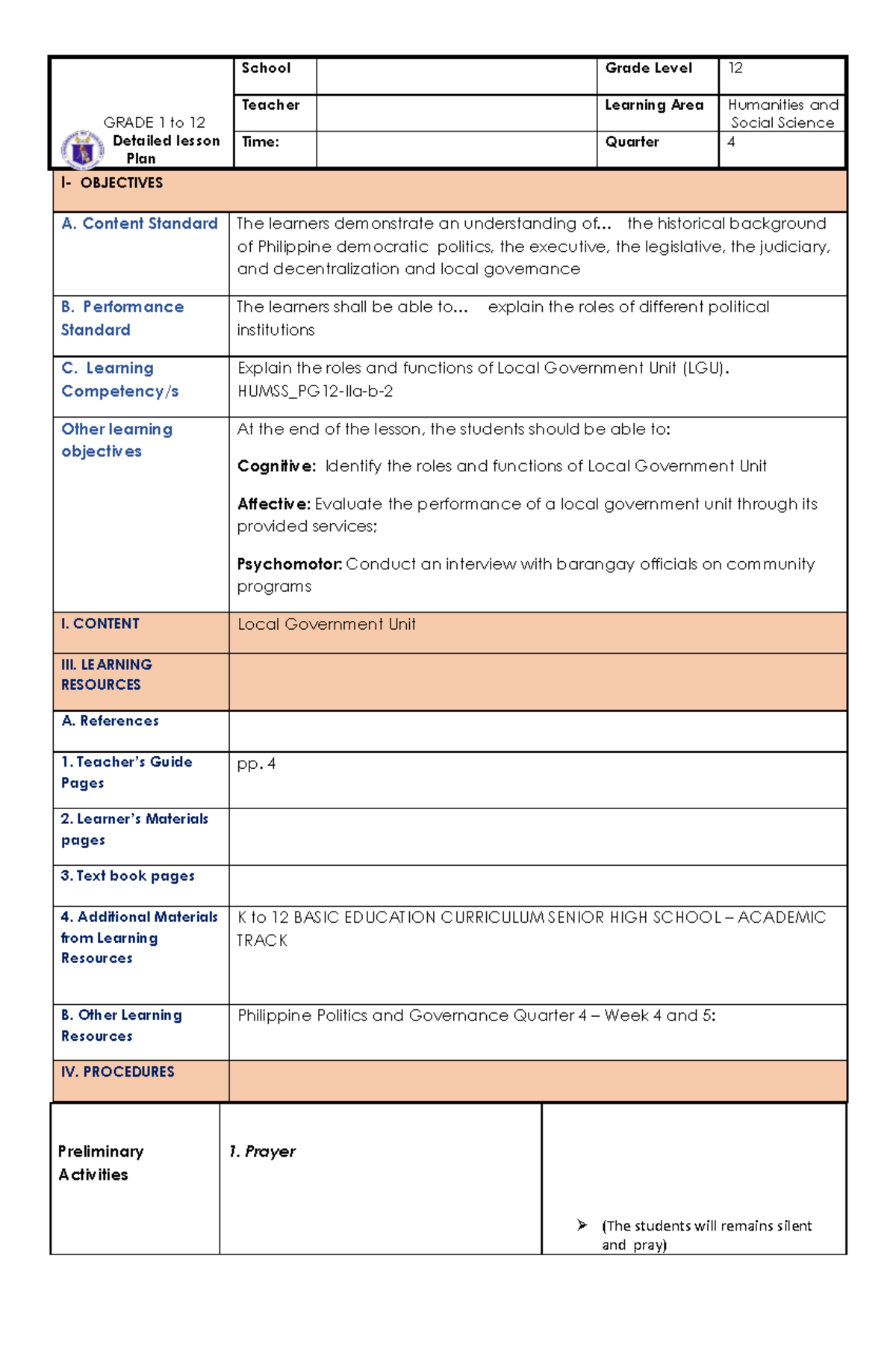 Grade 12 HUMSS - Lesson Plan on Local Government Unit (LGU) Functions ...