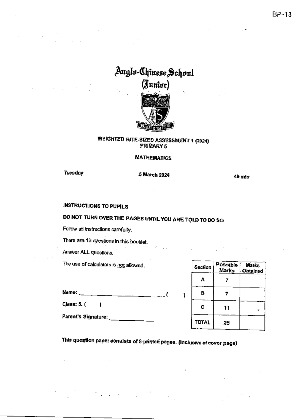 P5 Mathematics Weighted Assessment 1 (BP 13) - Test Paper 2024 - Studocu