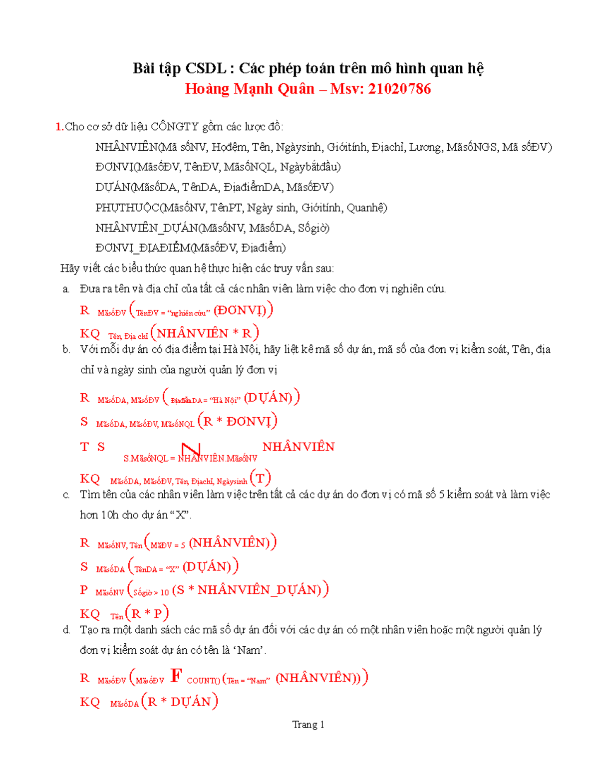 Bài Tập Đại Số Quan Hệ CSDL - Các Phép Toán Quan Hệ - Studocu