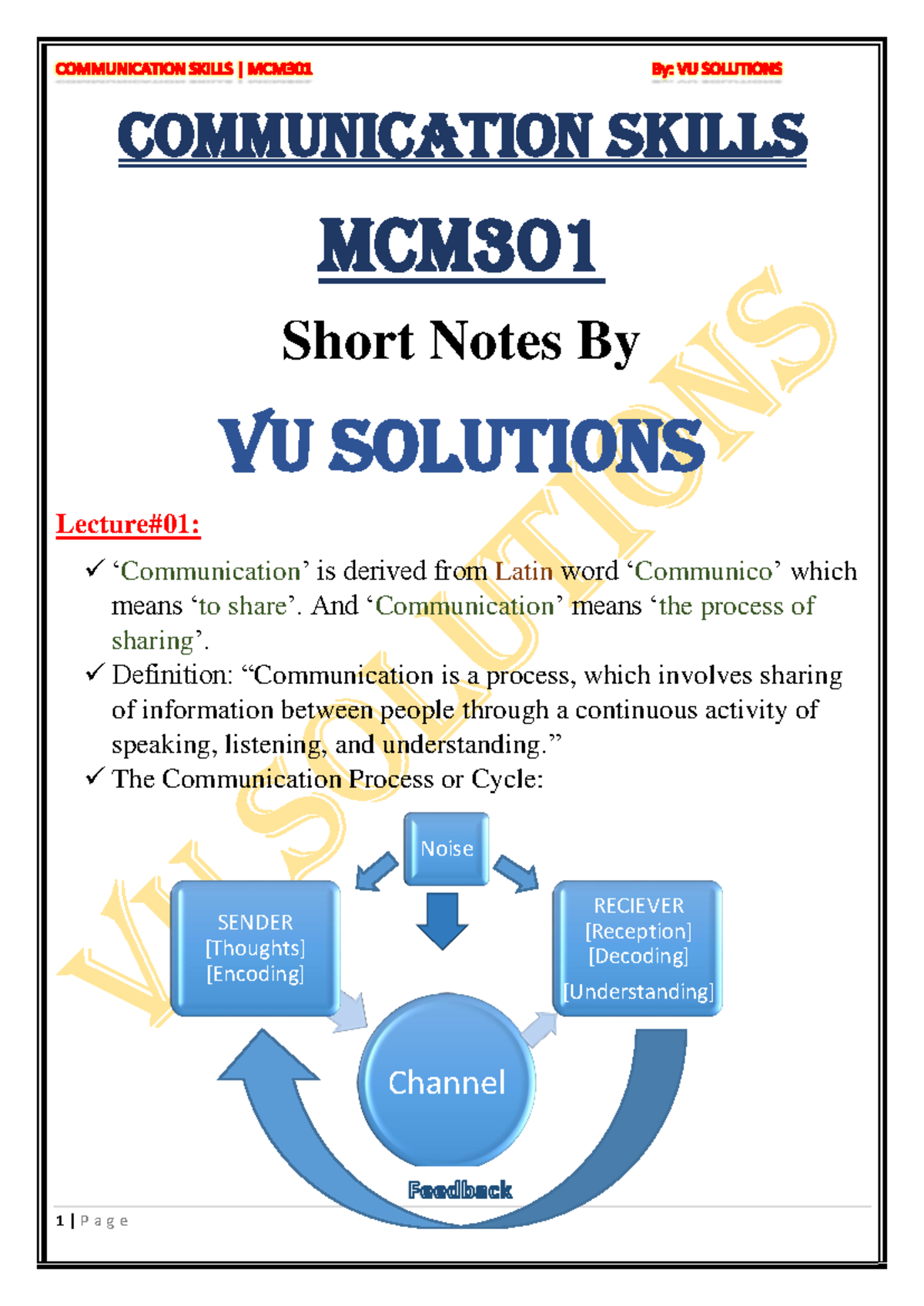 MCM301 Short Notes on Communication Skills - Lecture 1 - Studocu