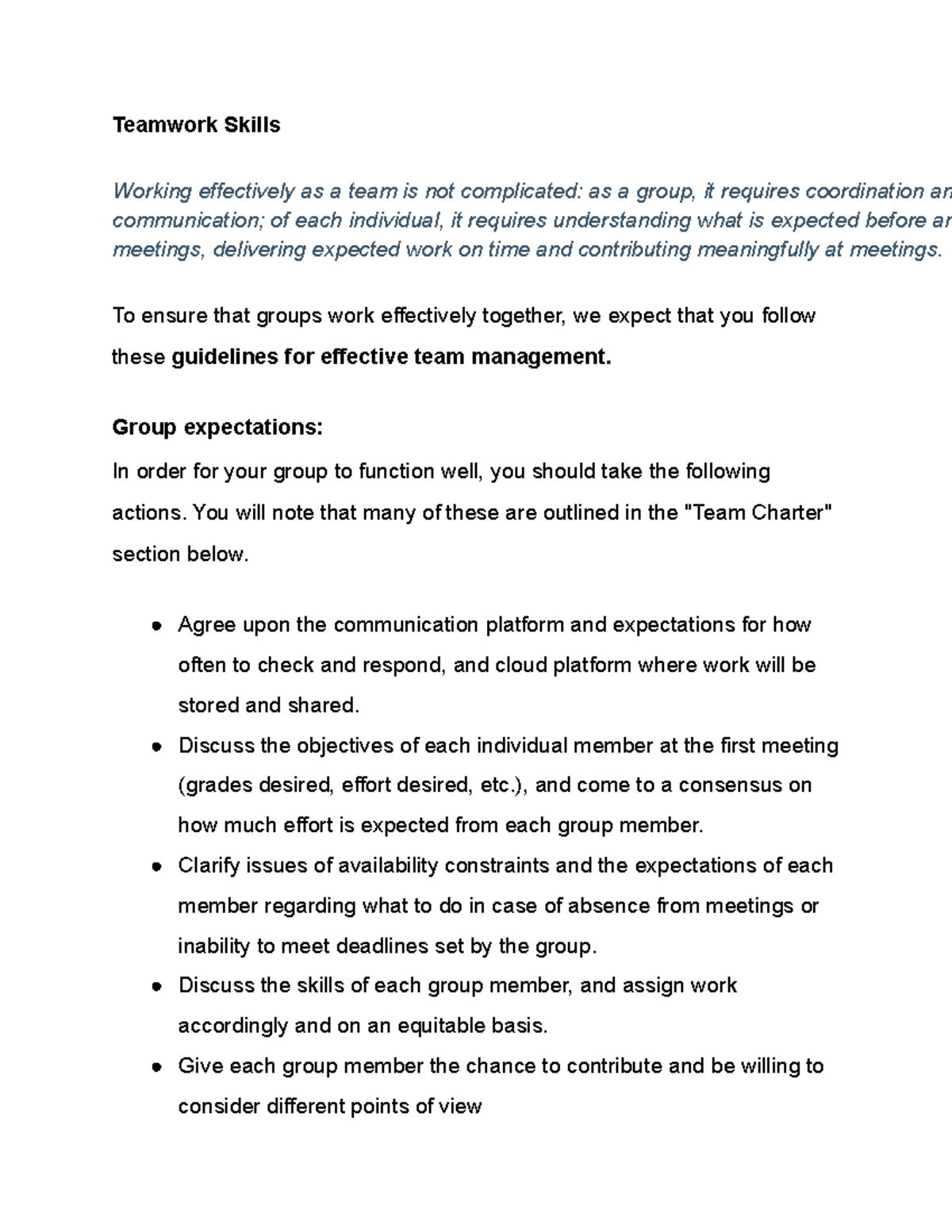 Team Charter Guidelines for Effective Teamwork and Meetings - Studocu