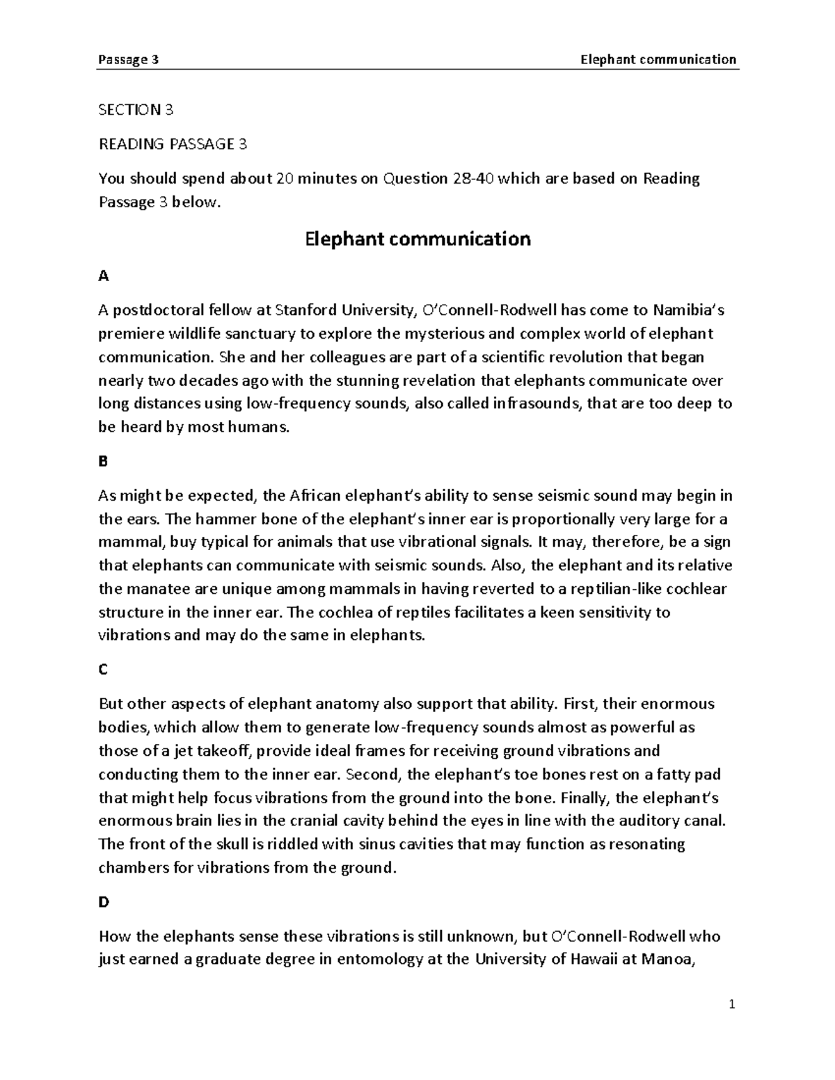 47 Passage 3 - Elephant Communication Questions 28-40 - Studocu