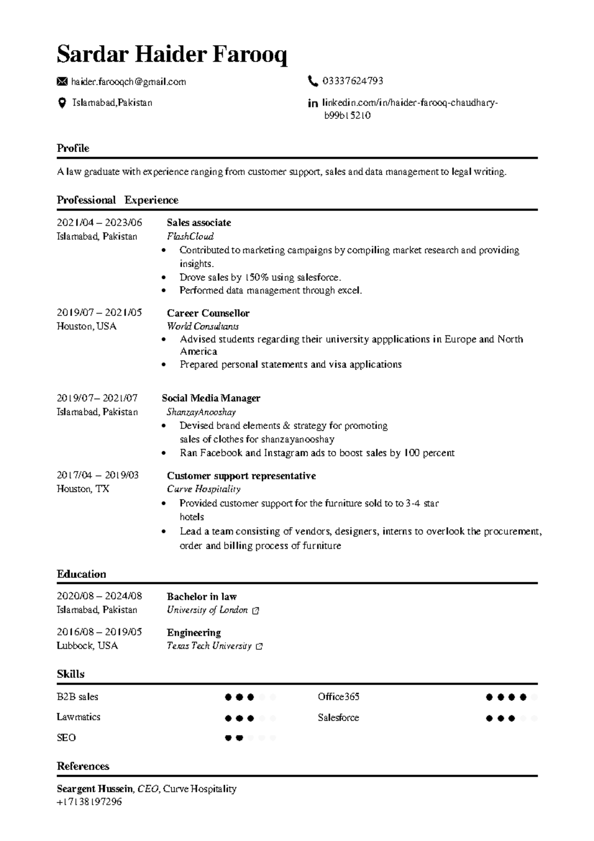 Professional CV of Haider Farooq - Law Graduate and Sales Expert - Studocu