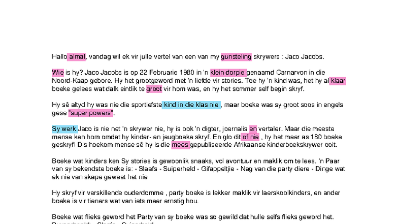 Mondeling: Jaco Jacobs se Lewe en Werk - Studocu