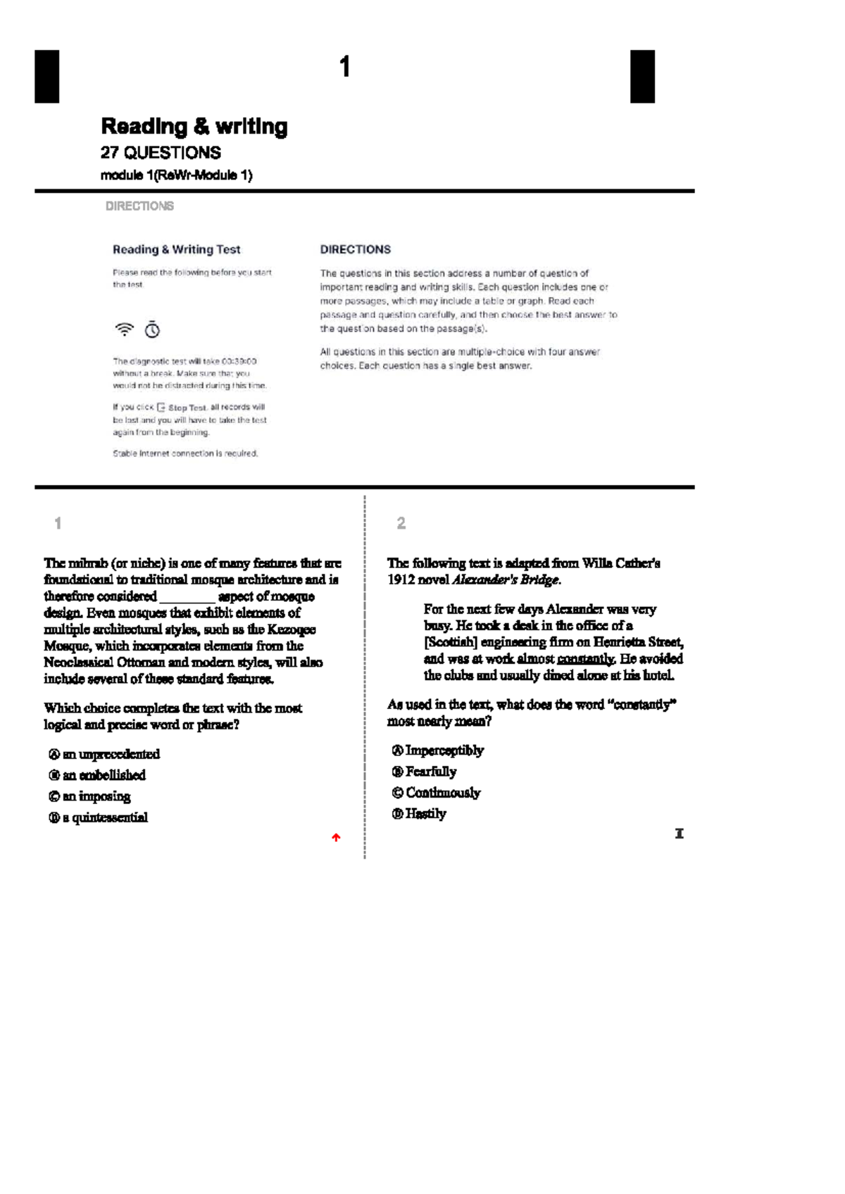 Reading & Writing Test: 27 Questions (Module 1) - Studocu