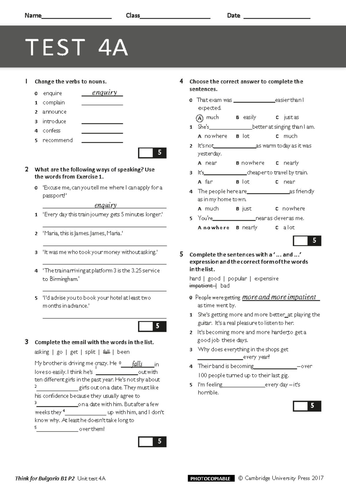 B1 P2 Unit Test 4A: Verbs to Nouns & Sentence Completion - Studocu