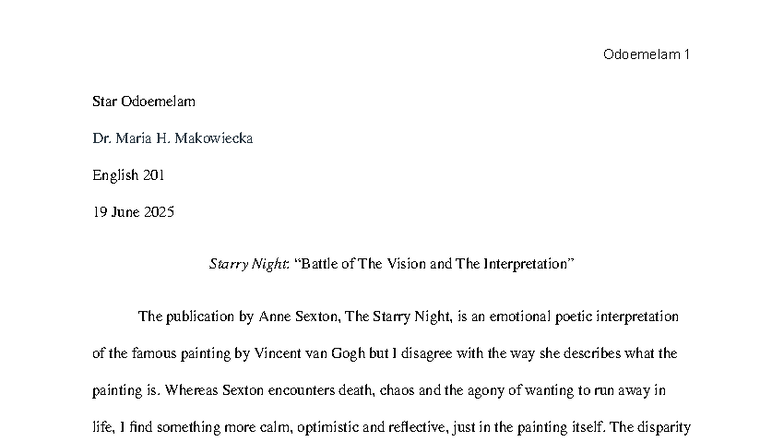 English 201 Essay: Analyzing Anne Sexton's "The Starry Night ...