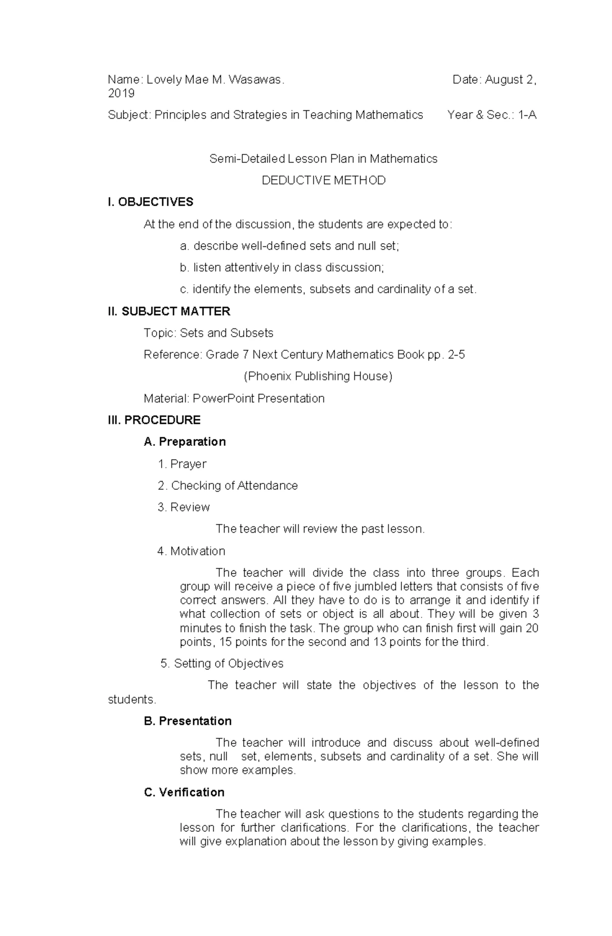 Sets and Subsets Lesson Plan for Grade 7 Mathematics - Studocu