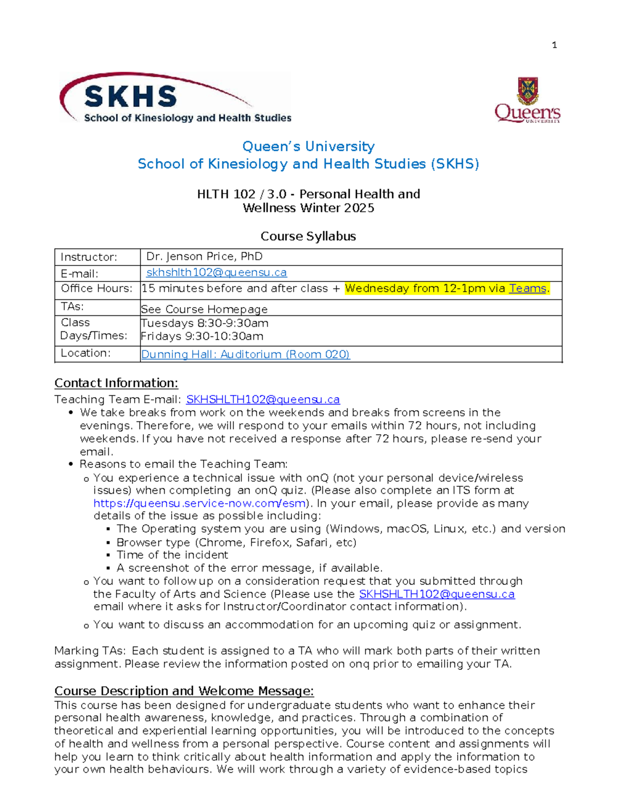 HLTH 102 3.0 Personal Health & Wellness Winter 2025 Course Syllabus ...