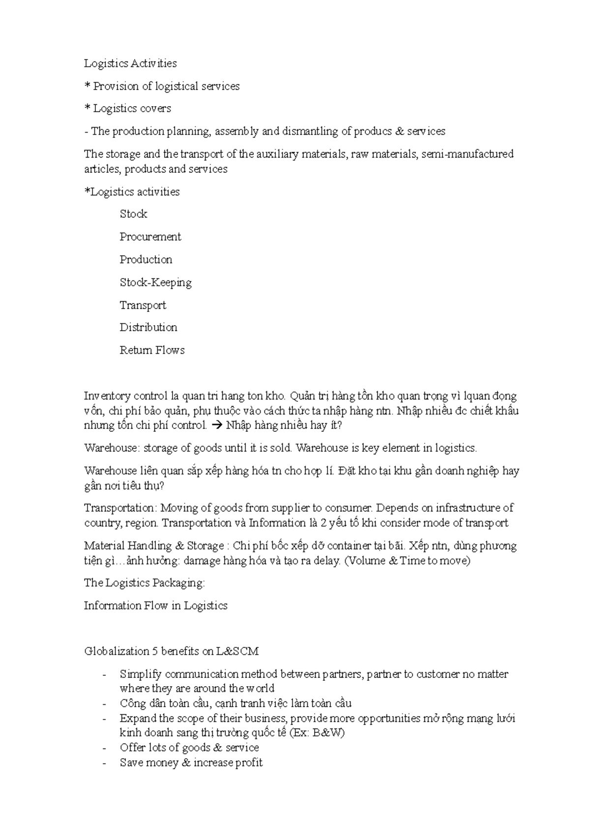 Dieu hanh dich vu Log - Lecture notes Chapter 3 - Logistics Activities ...