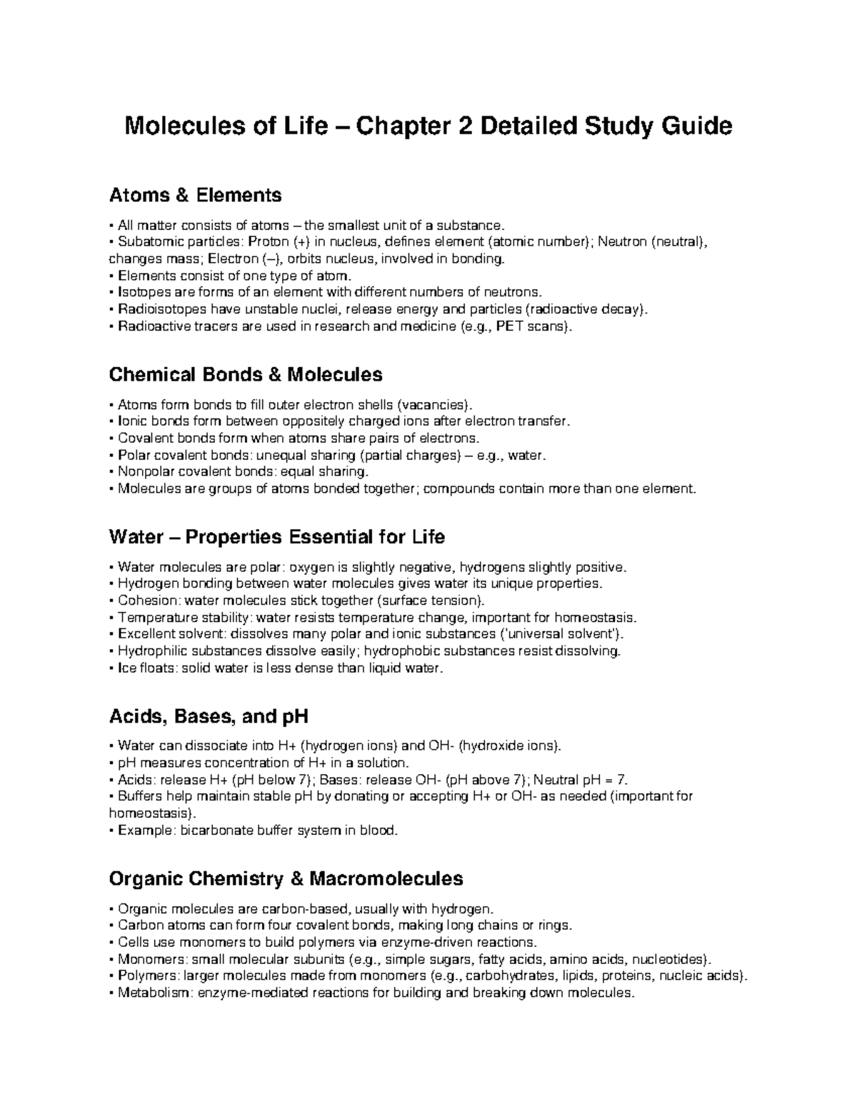 Molecules of Life CH2 Study Guide: Atoms, Bonds, and Water Properties - Studocu