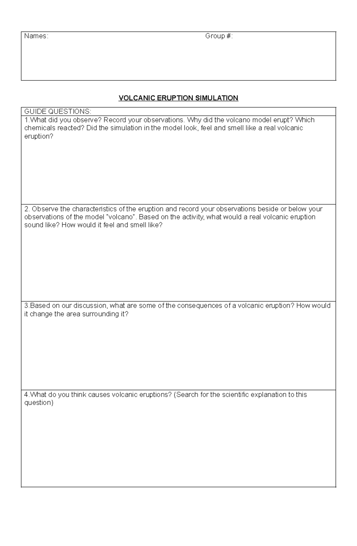 Volcanic Eruption Simulation Activity Guide Questions and Observations ...