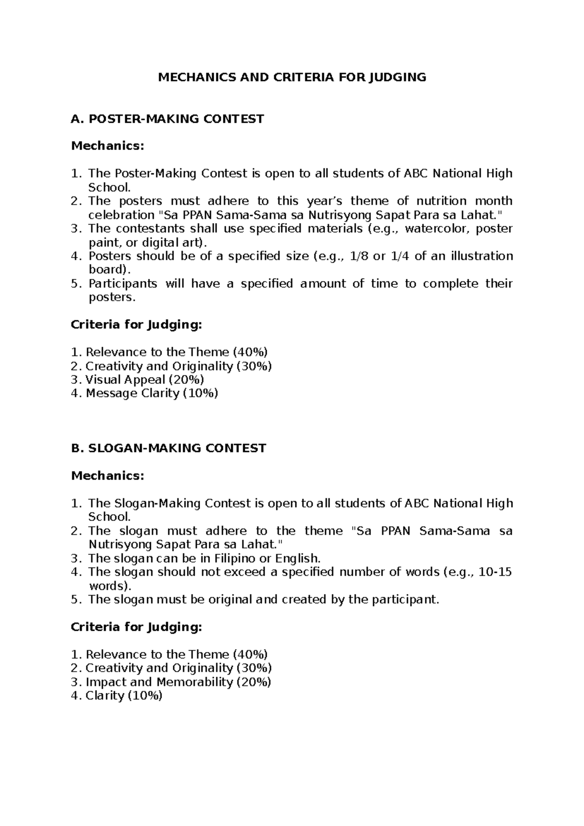 MECHANICS & JUDGING CRITERIA FOR ABC HIGH SCHOOL CONTEST - Studocu