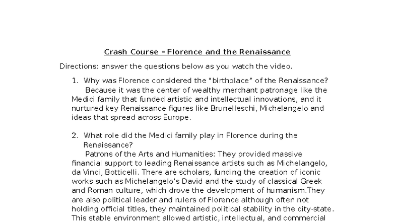 Crash Course: Florence & the Renaissance Final Exam Guide - Studocu