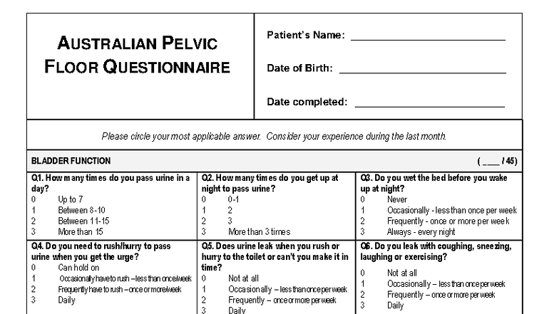 AUSTRALIAN PELVIC FLOOR QUESTIONNAIRE V2018: Assessment Tool - Studocu