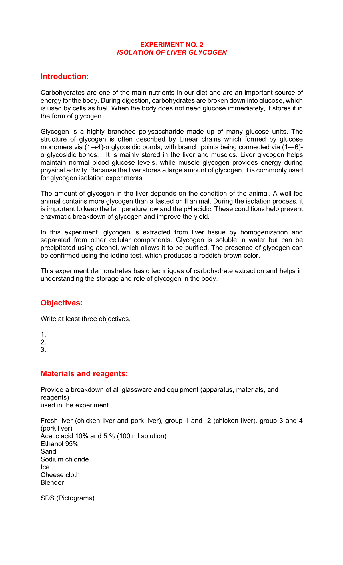 Experiment No. 2: Isolation of Liver Glycogen Techniques and Objectives ...