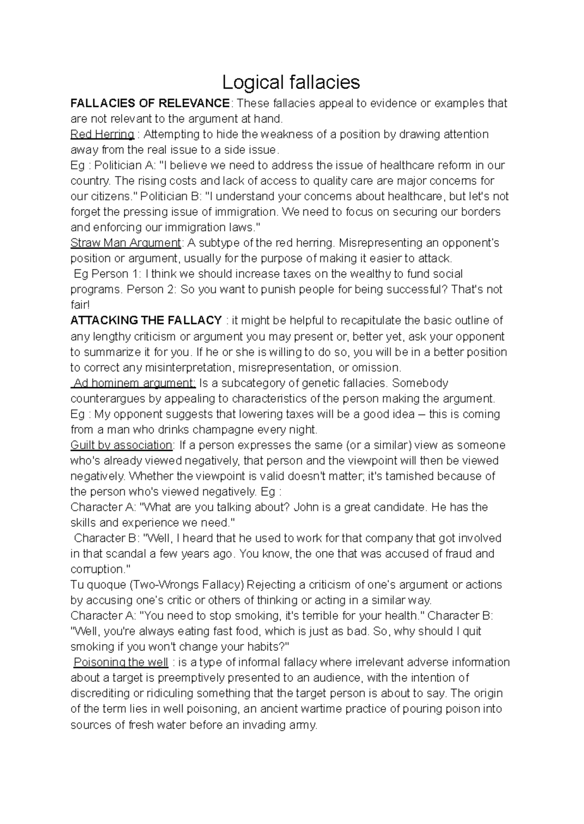 FALLACIES OF RELEVANCE: Understanding Logical Errors in Arguments - Studocu