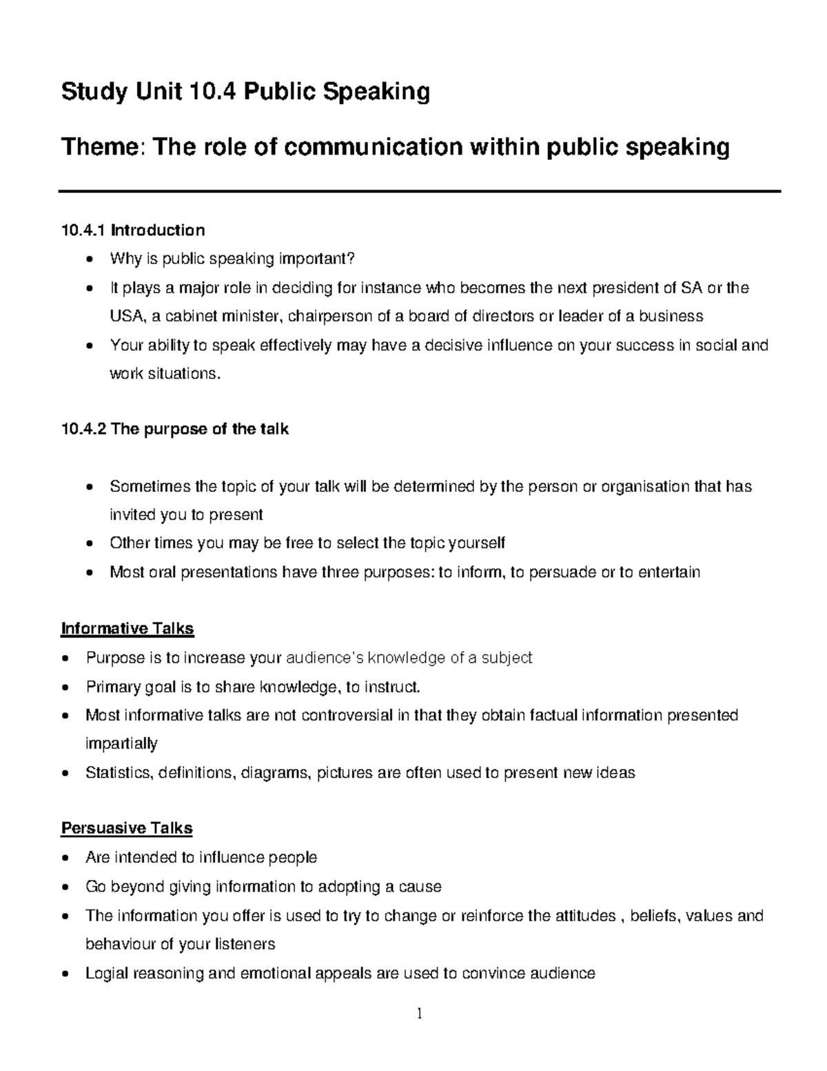 Study Unit 10 - Study Unit 1 0 .4 Public Speaking Theme: The role of ...
