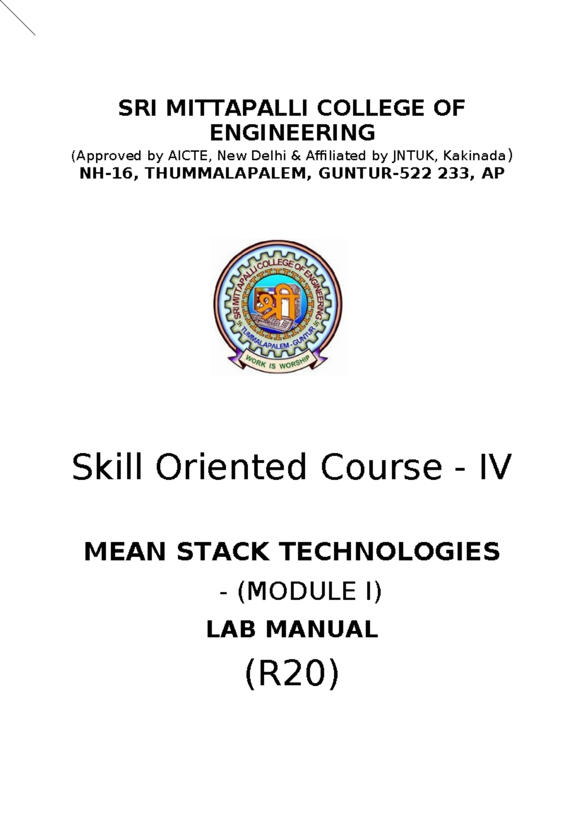 MEAN Stack Technologies Lab Manual (R20) - Exercises and Solutions - Studocu
