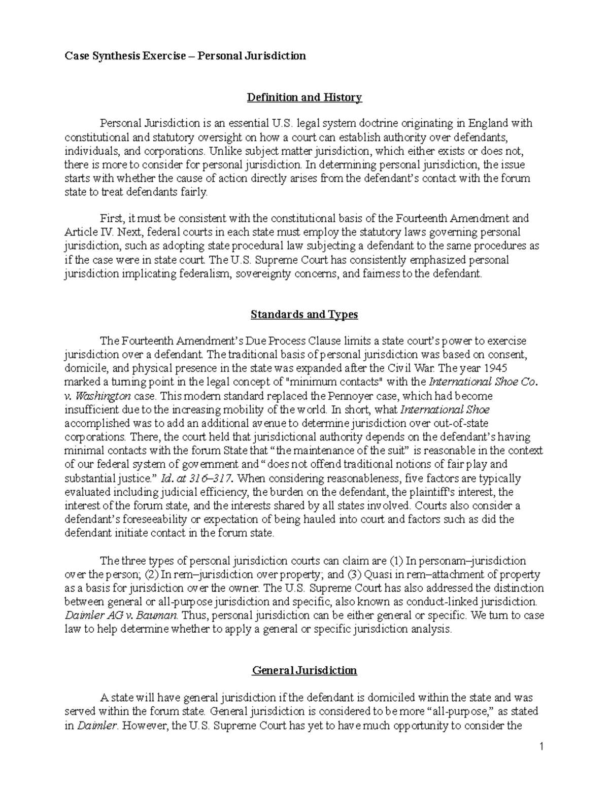 Personal Jurisdiction Case Synthesis for Legal Studies 101 - Studocu