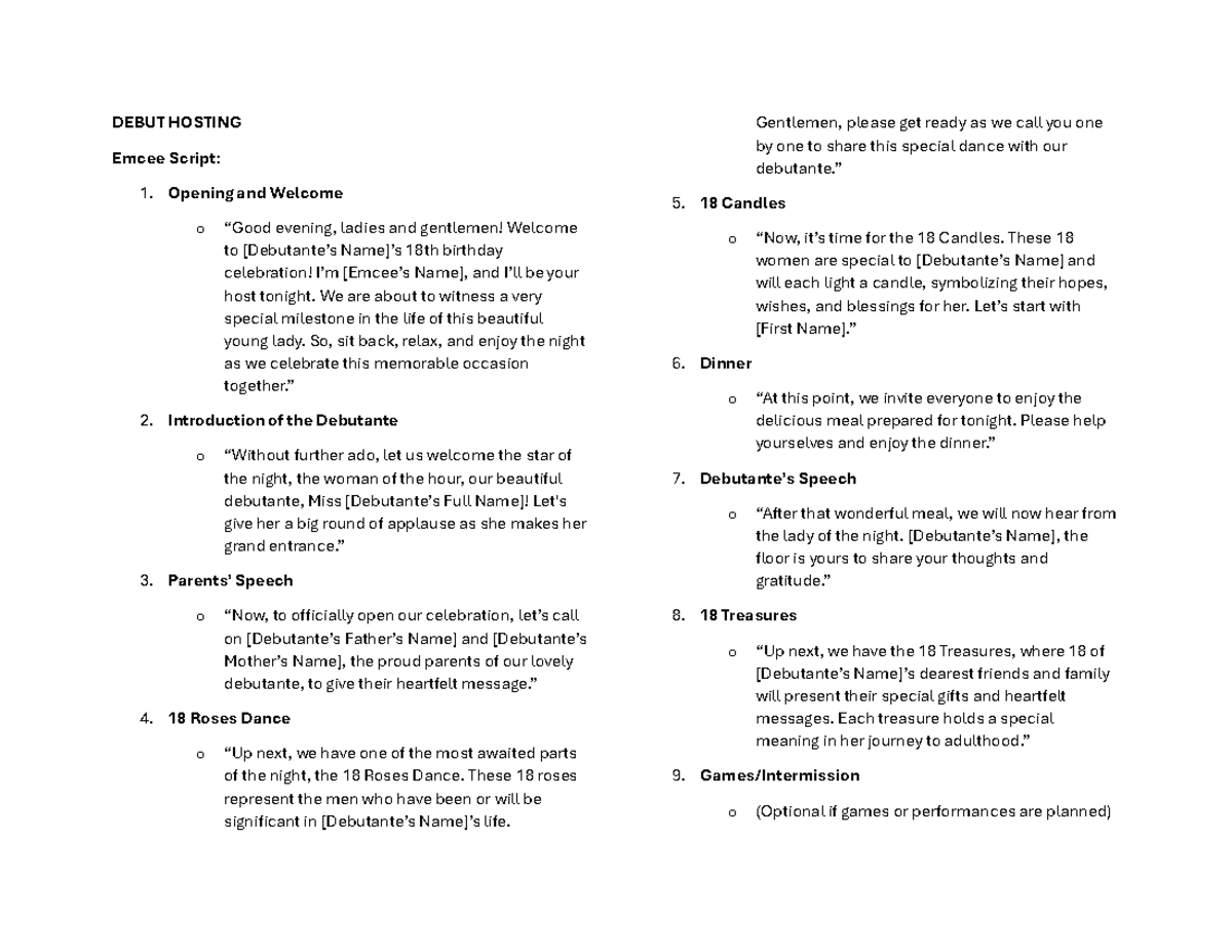 Debut Hosting Emcee Script for 18th Birthday Celebration - Studocu