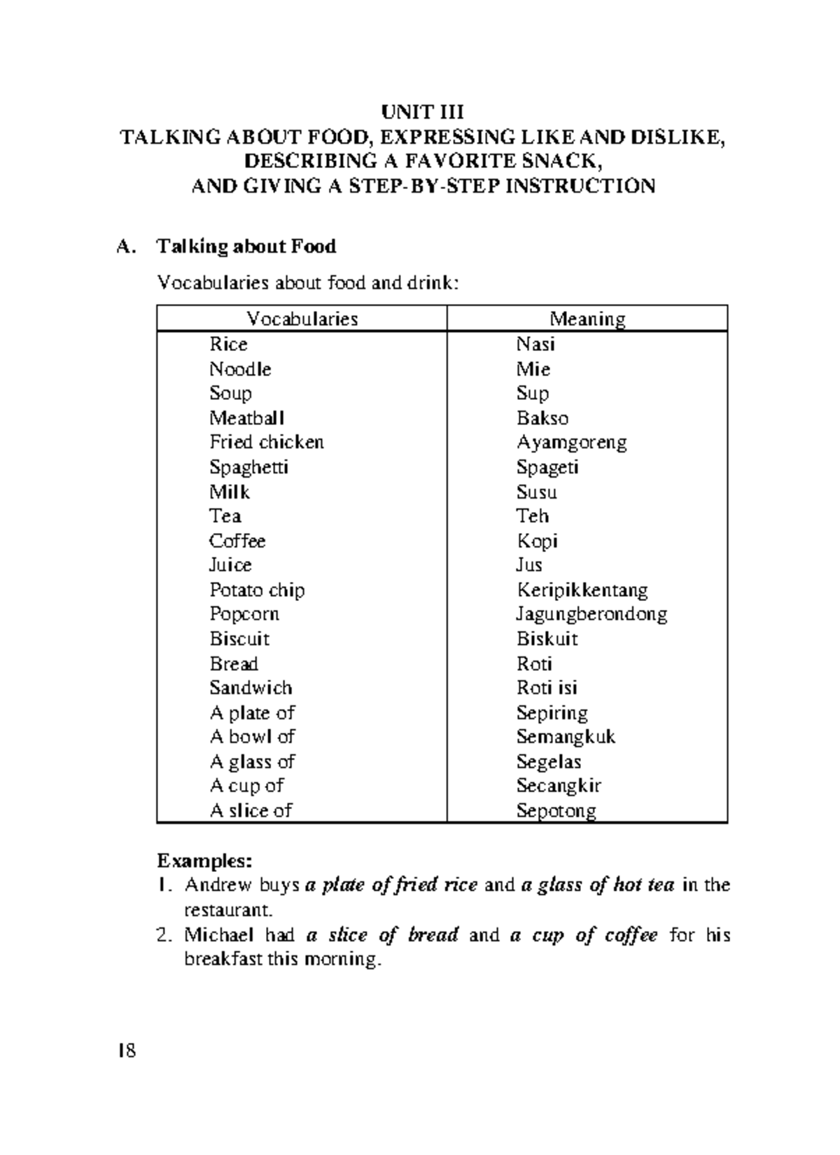 UNIT 3: Talking About Food, Likes/Dislikes, & Favorite Snacks - Studocu
