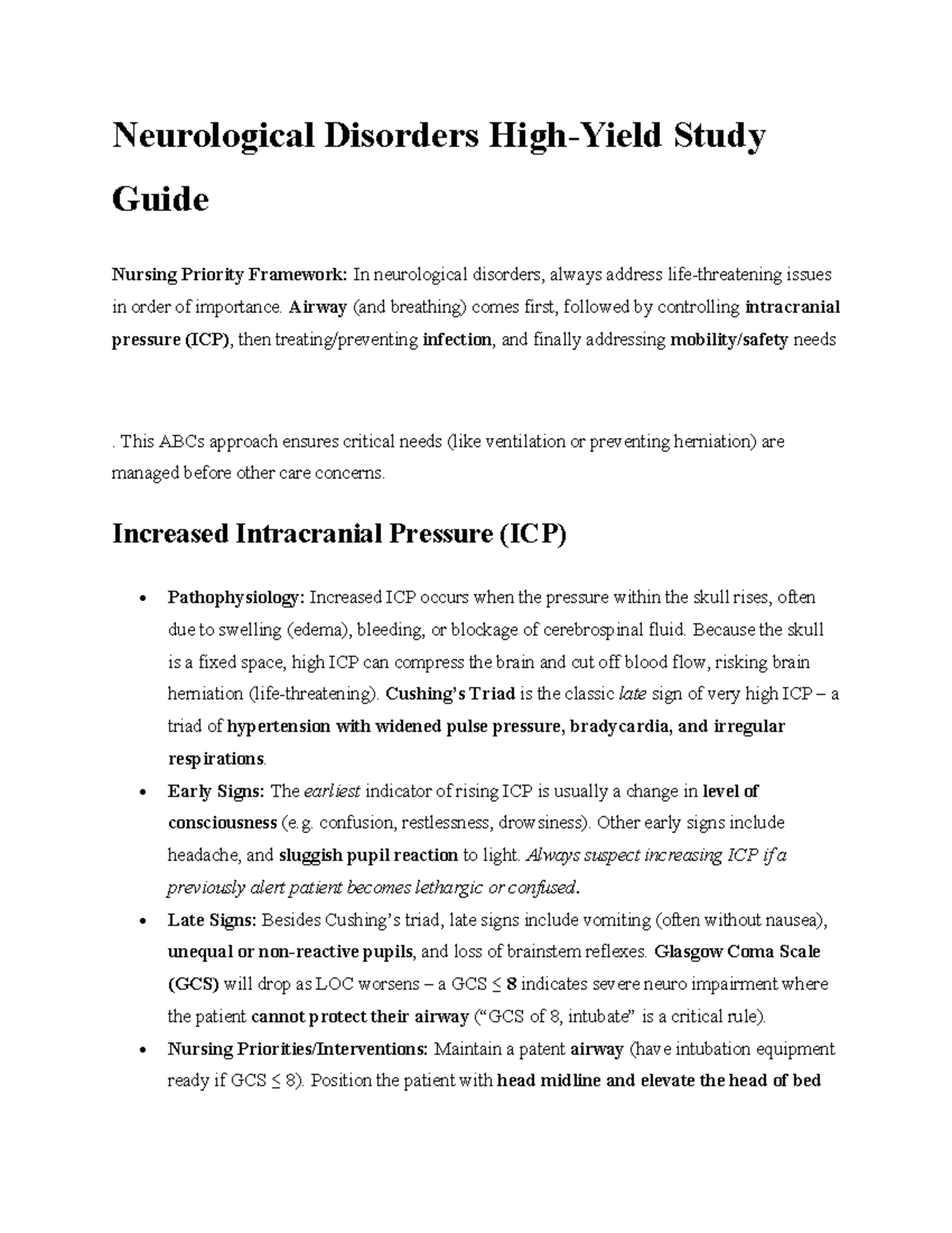 Neurological Disorders Study Guide: Nursing Priorities & Interventions ...