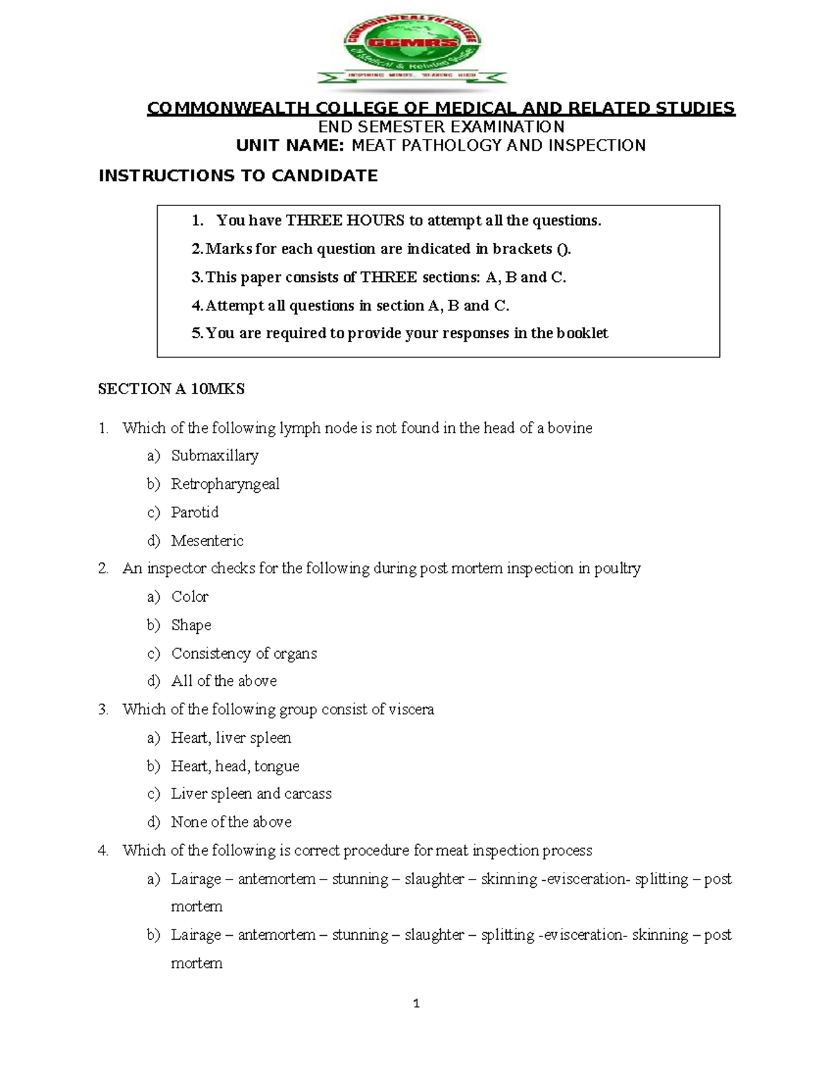 MEAT PATHOLOGY AND INSPECTION: END SEMESTER EXAMINATION - Studocu