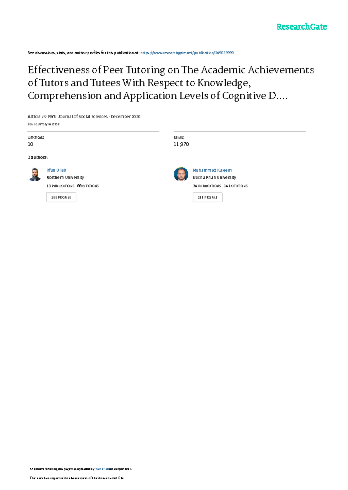 FWUEffectivenessof Peer Tutoring - See discussions, stats, and author ...
