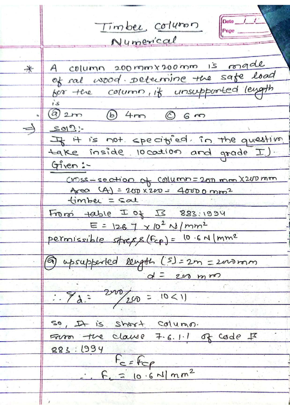 Timber Column Numerical Analysis and Safe Load Calculations - Studocu