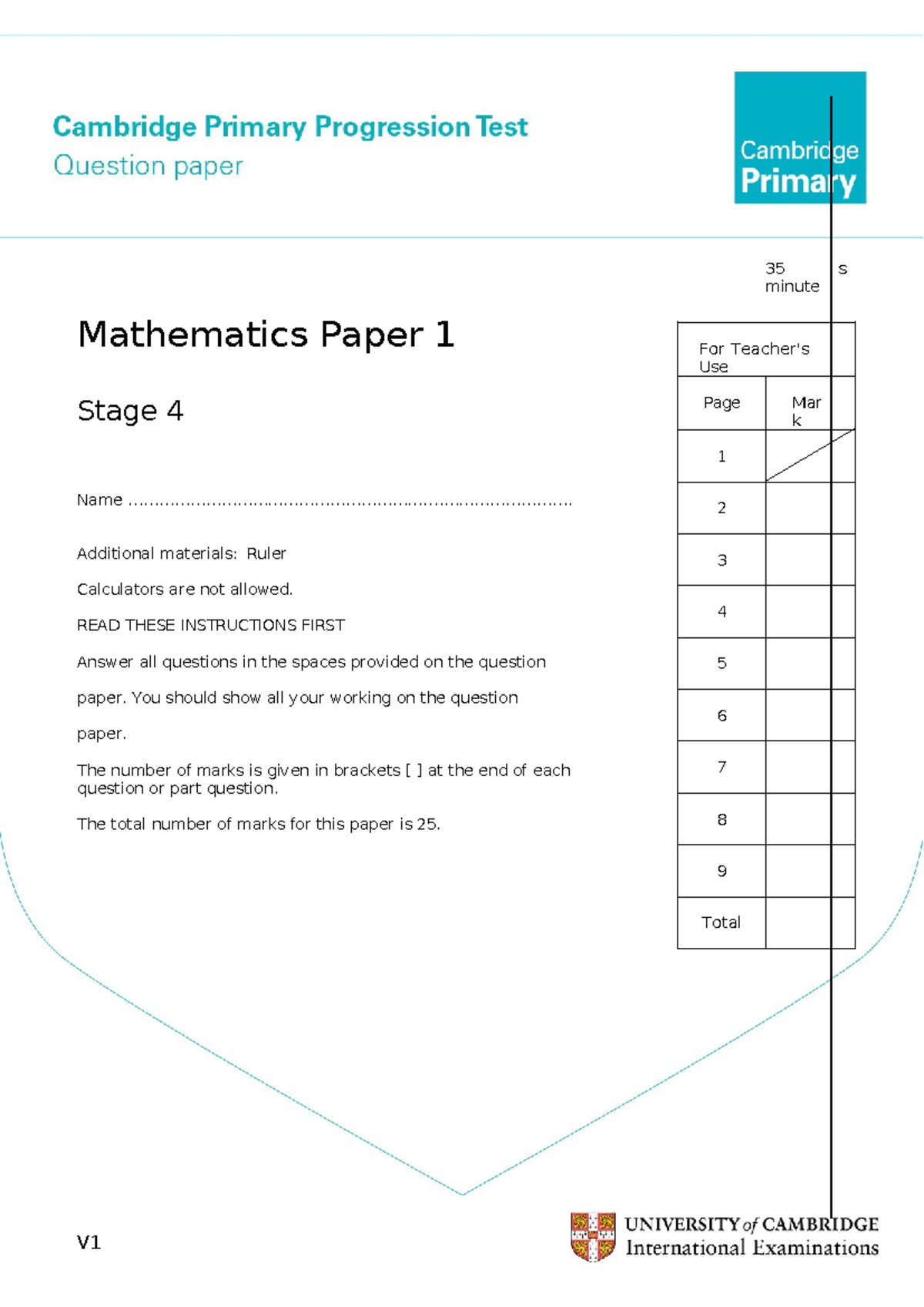 Stage 4 Mathematics Paper 1 - 35 Minute Exam - Studocu