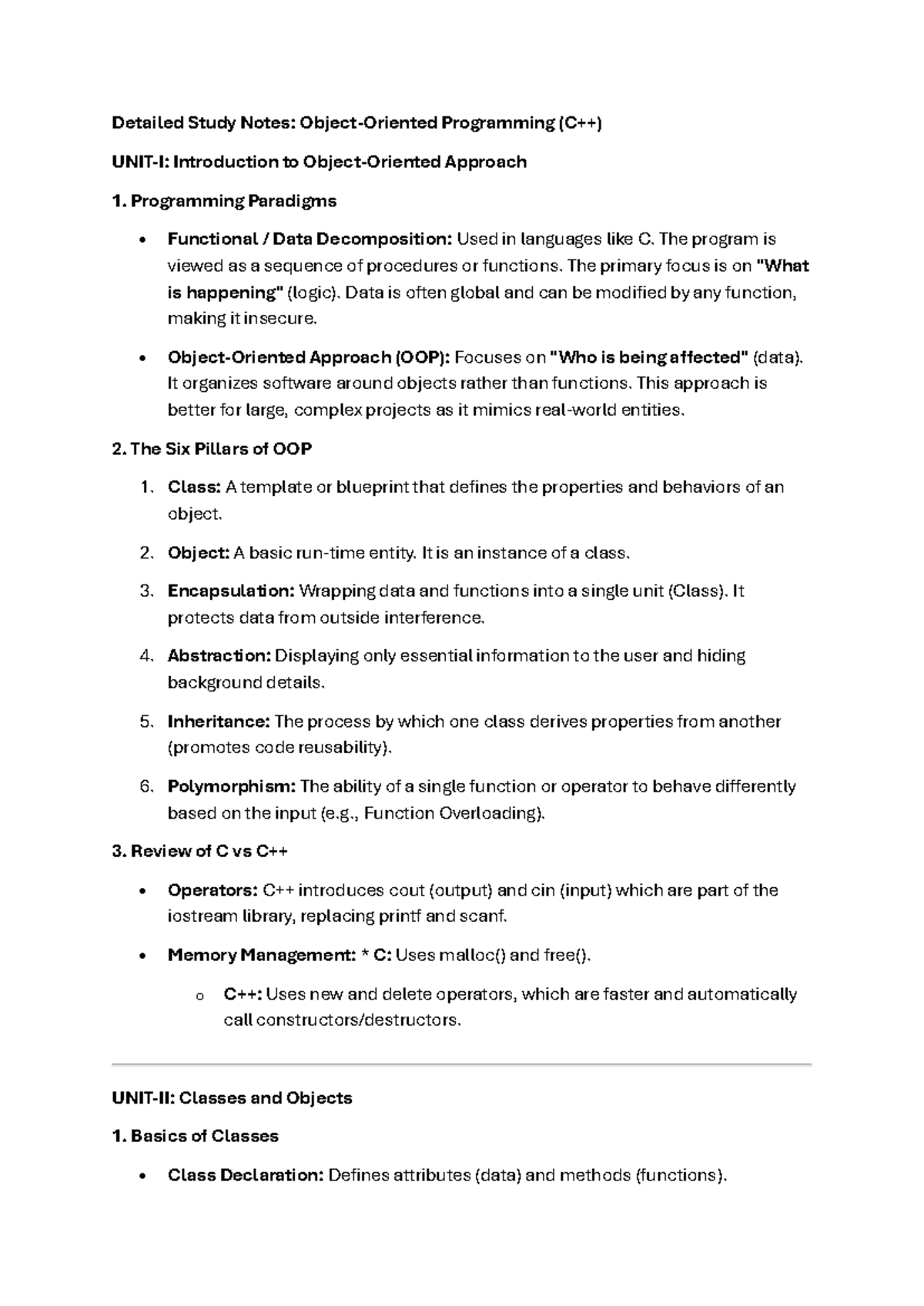 C++ Notes: Introduction to Programming Paradigms and OOP Concepts - Studocu