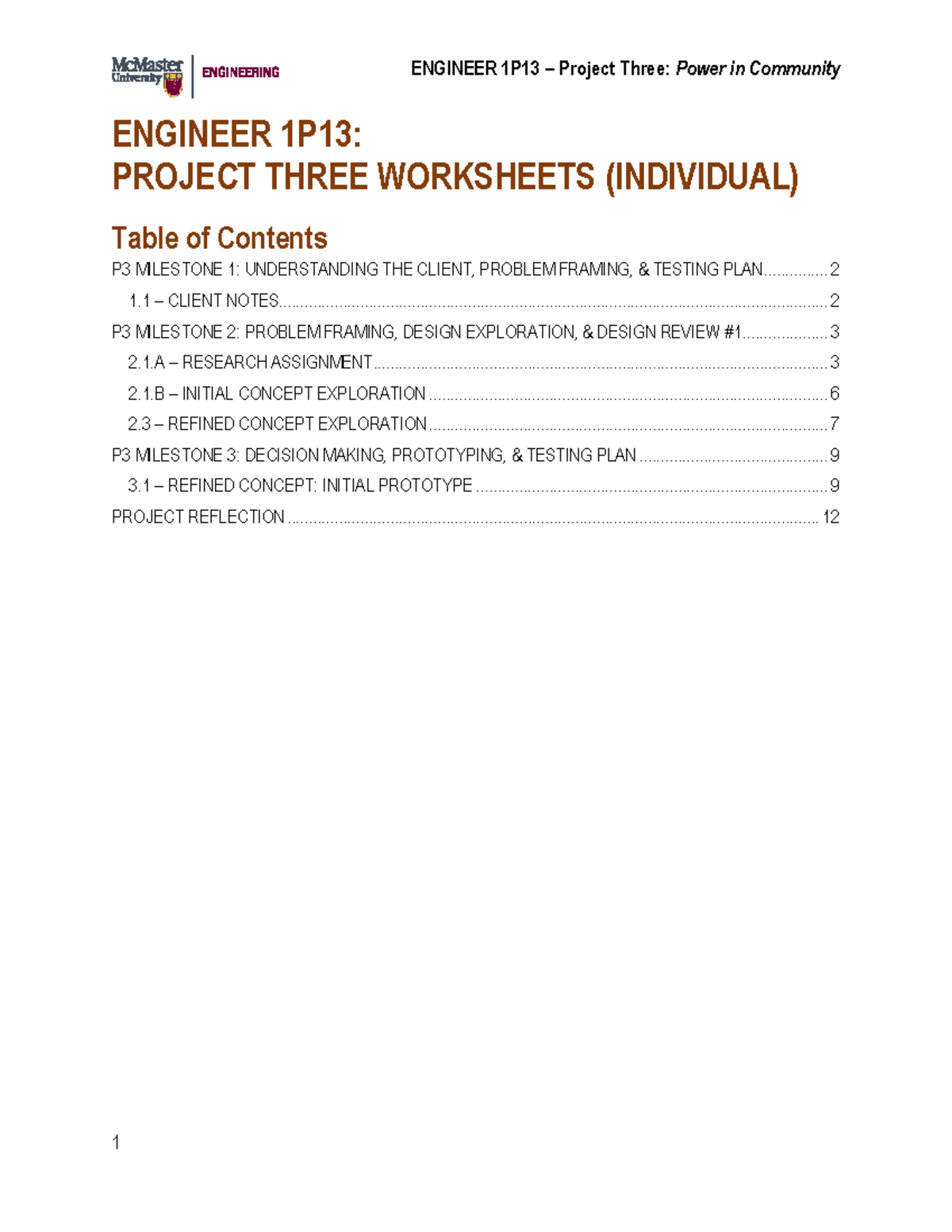 ENGINEER 1P13 Project Three: Community Power Worksheets (Individual ...