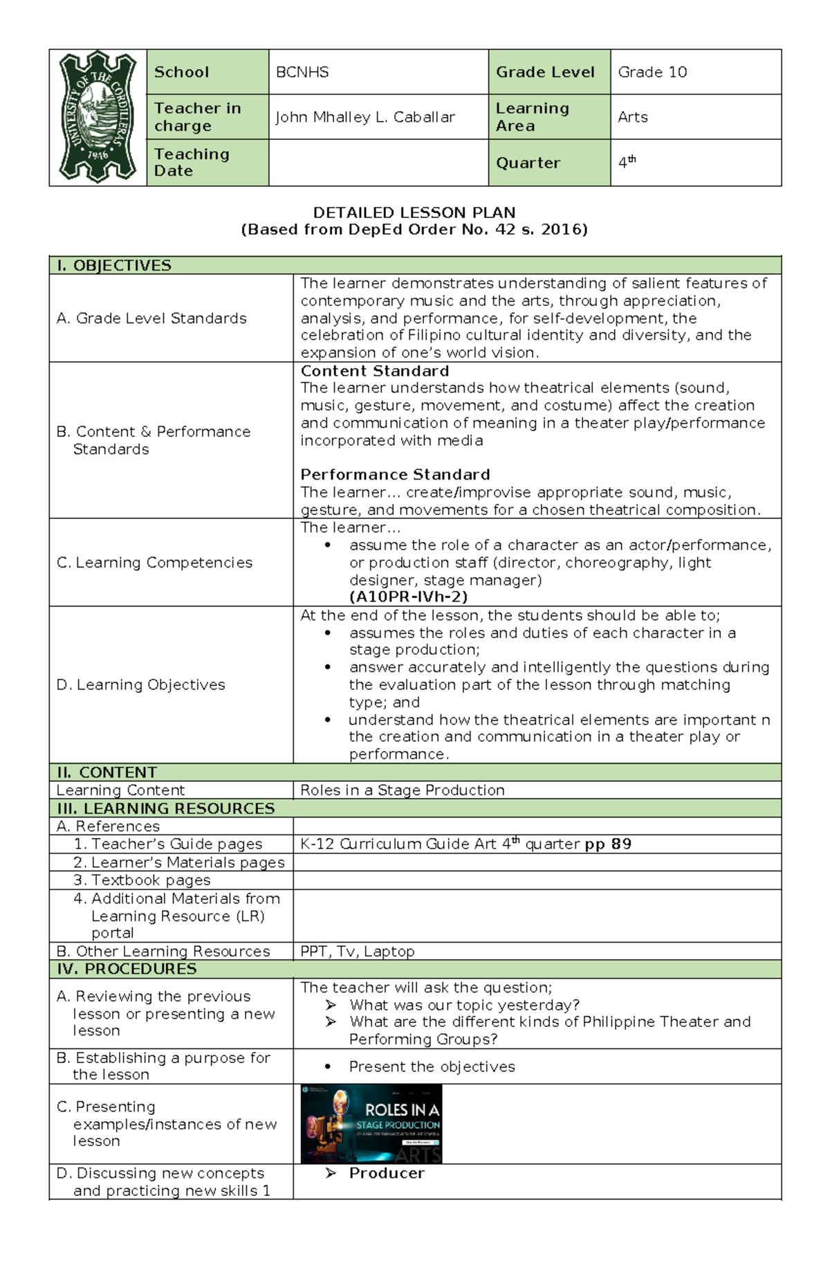 Detailed Lesson Plan: Roles in a Stage Production (Arts 10) - Studocu