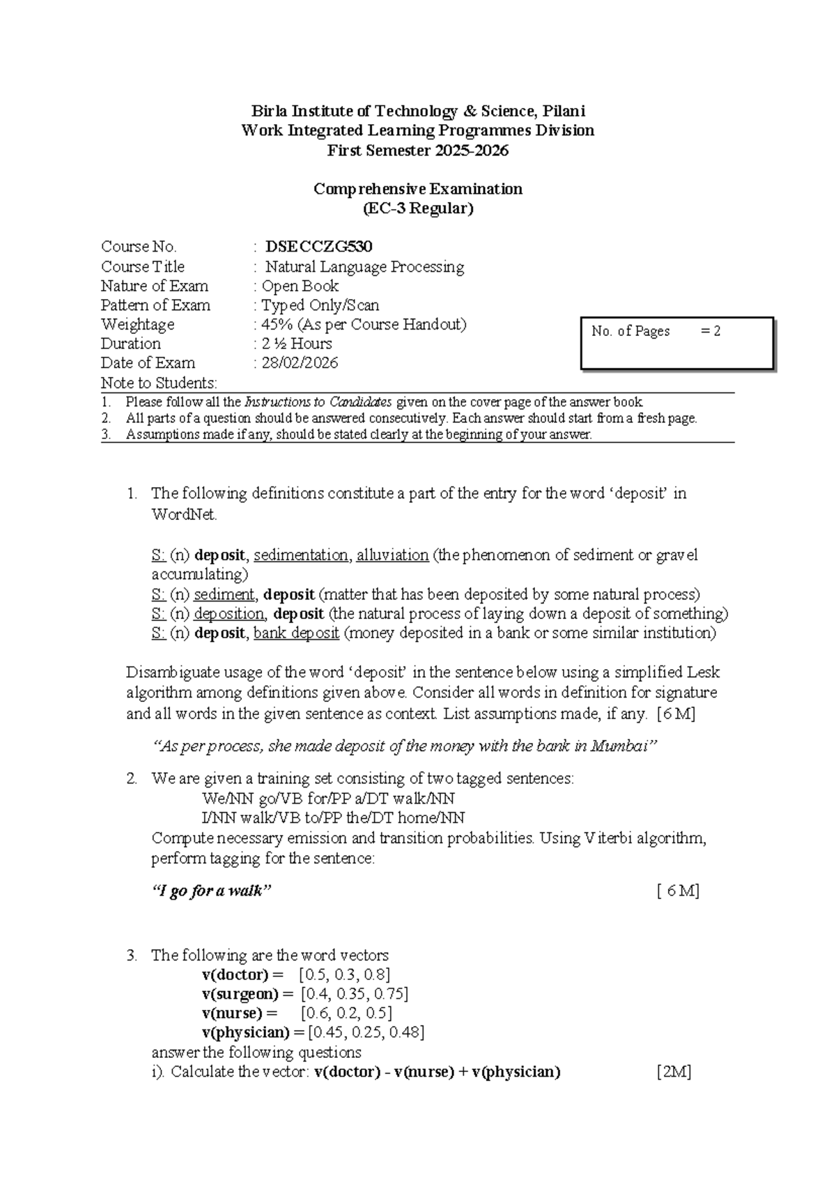 DSECCZG530: Sample Mid-Sem Exam on Natural Language Processing - Studocu