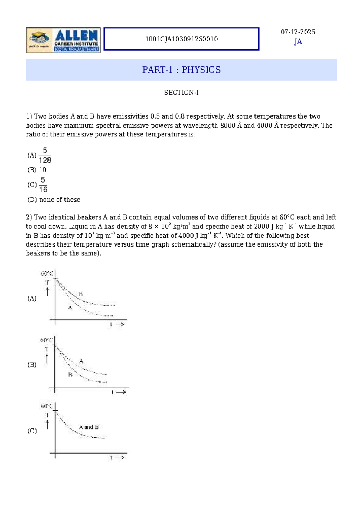 Physics 1001CJA103091250010: Emissivity and Heat Transfer Problems - Studocu