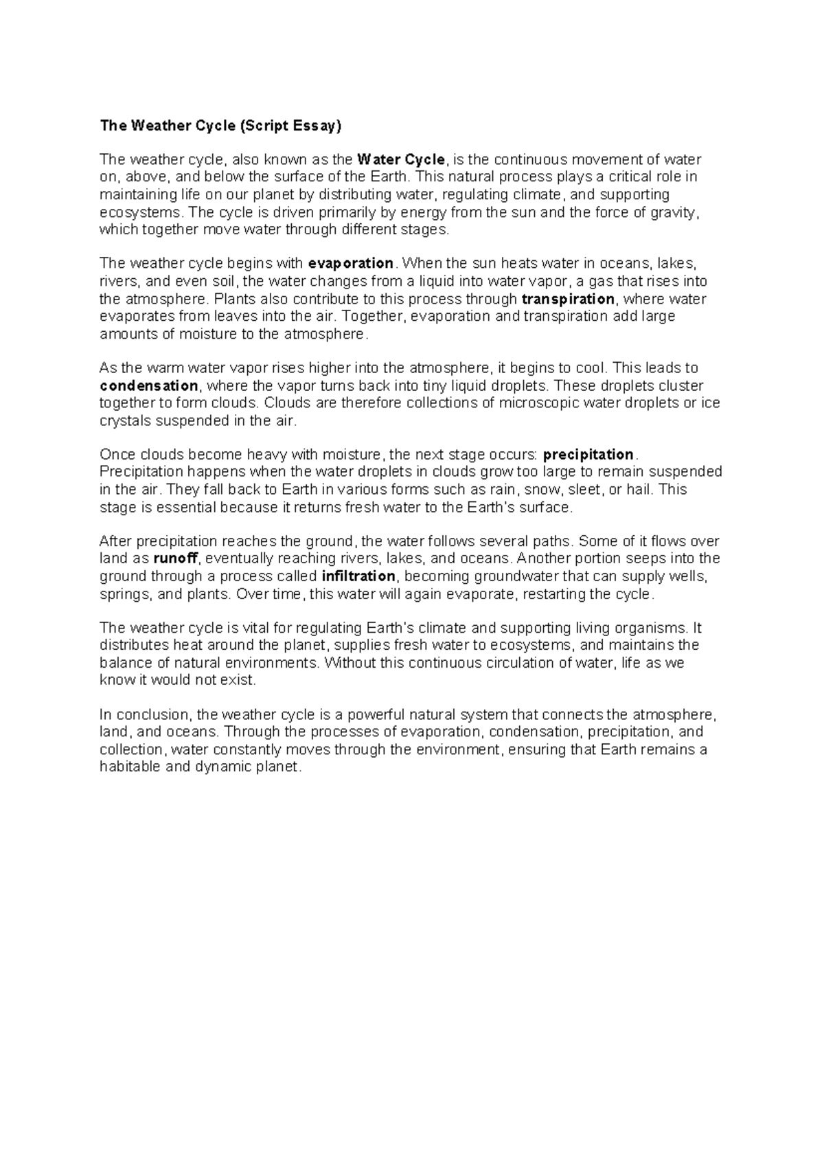 The Weather Cycle Explained: A Script Essay on Water Movement - Studocu