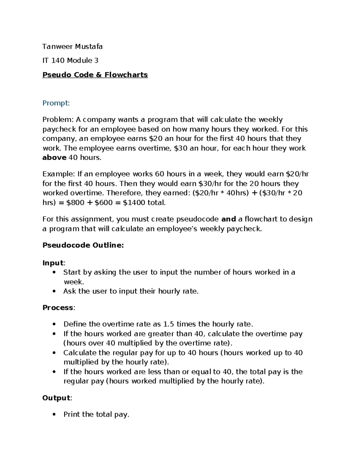 IT 140 Module 3 - Pseudocode & Flowchart for Pay Calculation - Studocu