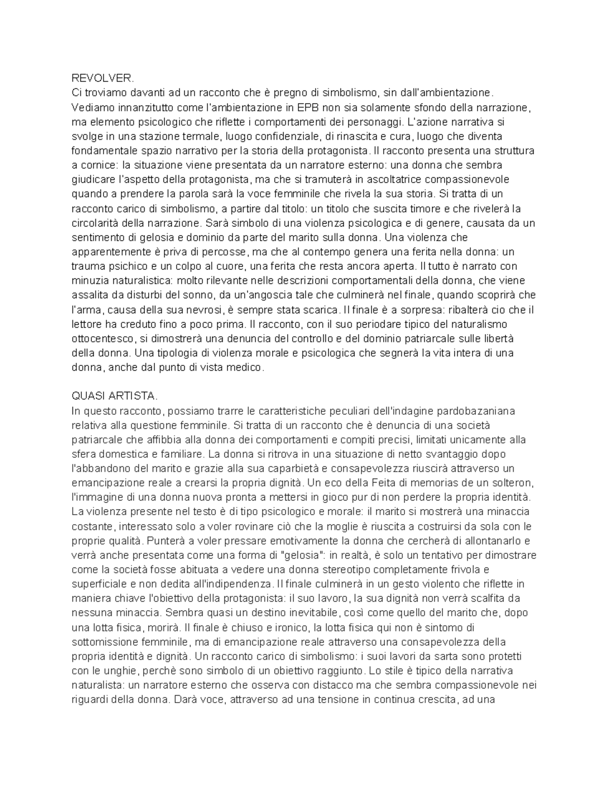 Racconti EPB: Simbolismo e Violenza nella Narrativa Femminile - Studocu
