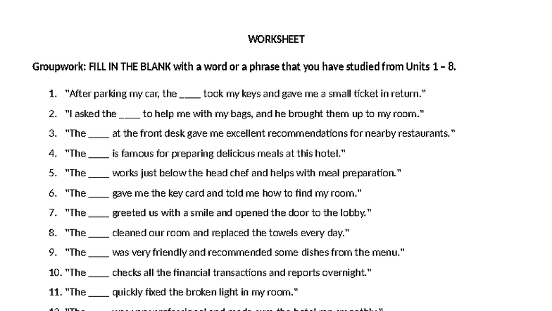 Worksheet: Fill in the Blank Vocabulary Review (Units 1-8) - Studocu
