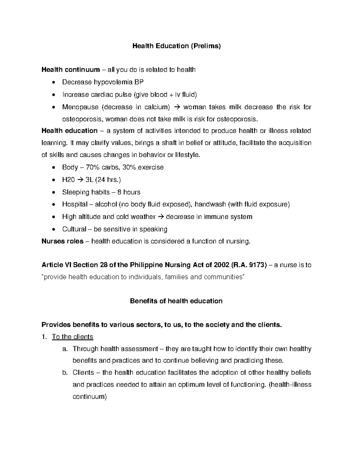 Health Education Lecture Notes - Prelims - Bachelor of Science in ...