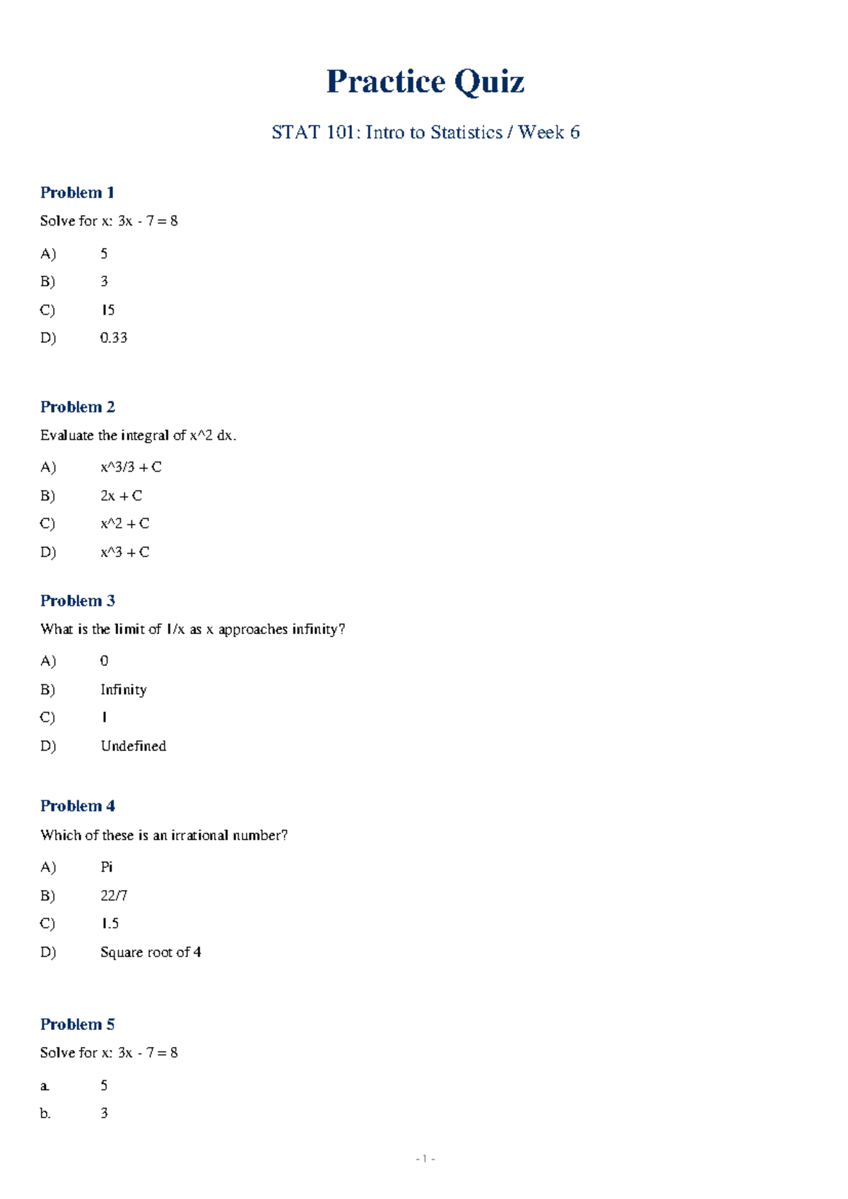 Practice Quiz STAT 101: Intro to Statistics Week 6 Review - Studocu