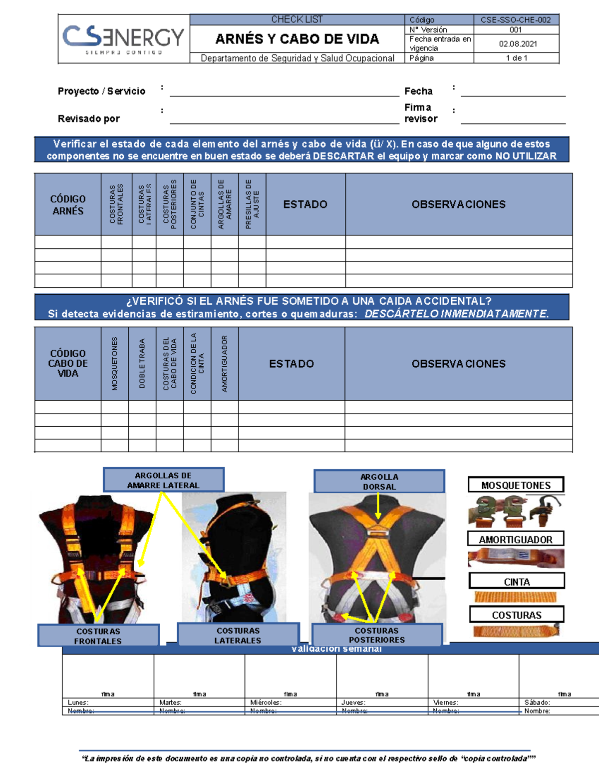 CSE-SSO-CHE-002 Check List: Arnés y Cabo de Vida v001 - Studocu