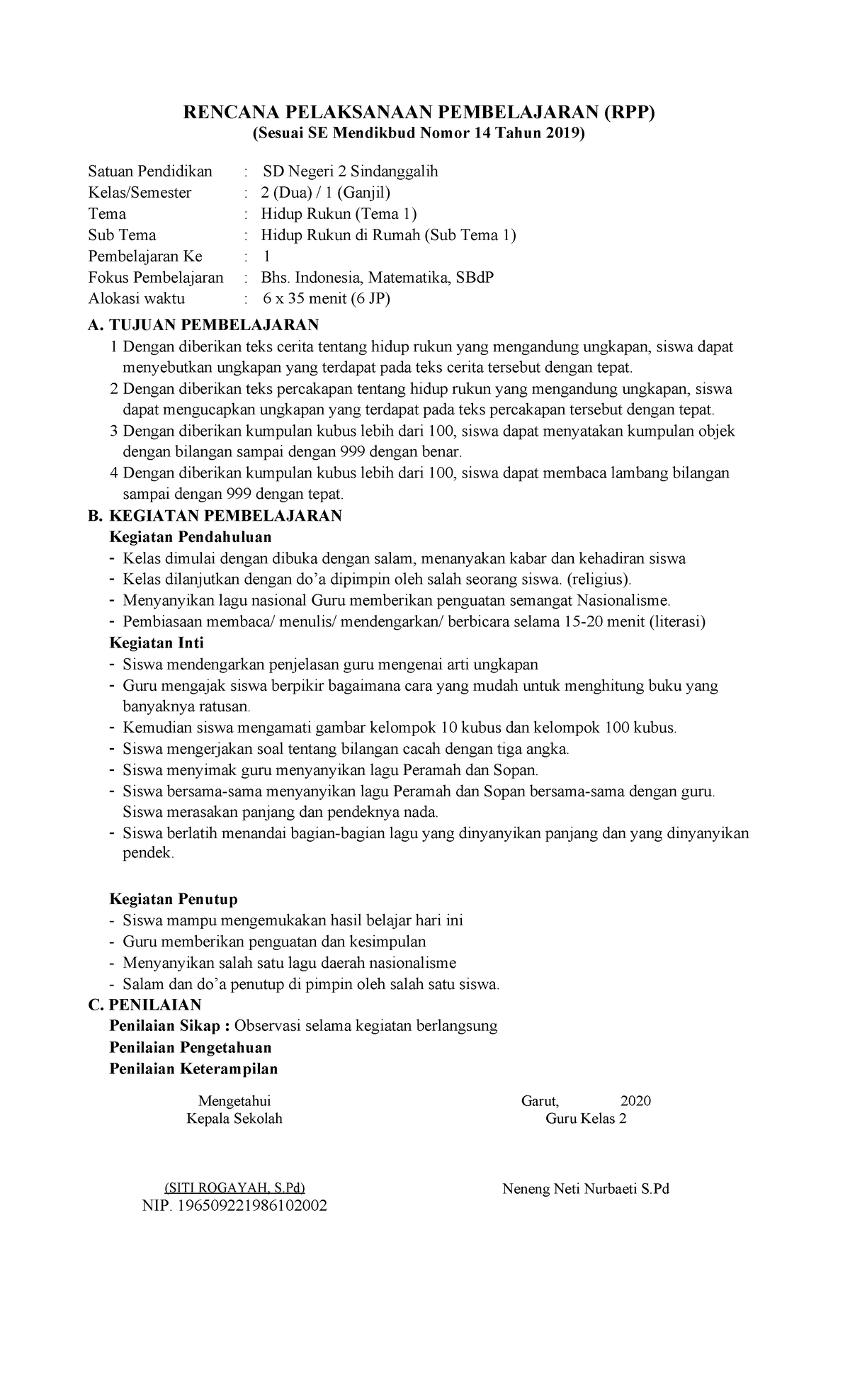 RPP 1 Lembar Kelas 2 Tema 1 Subtema 1 ok - (Sesuai SE Mendikbud Nomor ...