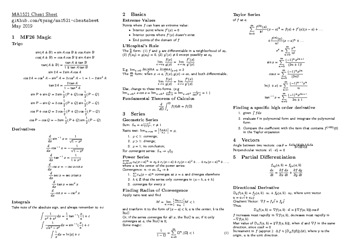 MA1521 Final Exam Cheat Sheet: Trigonometry & Series Concepts - Studocu
