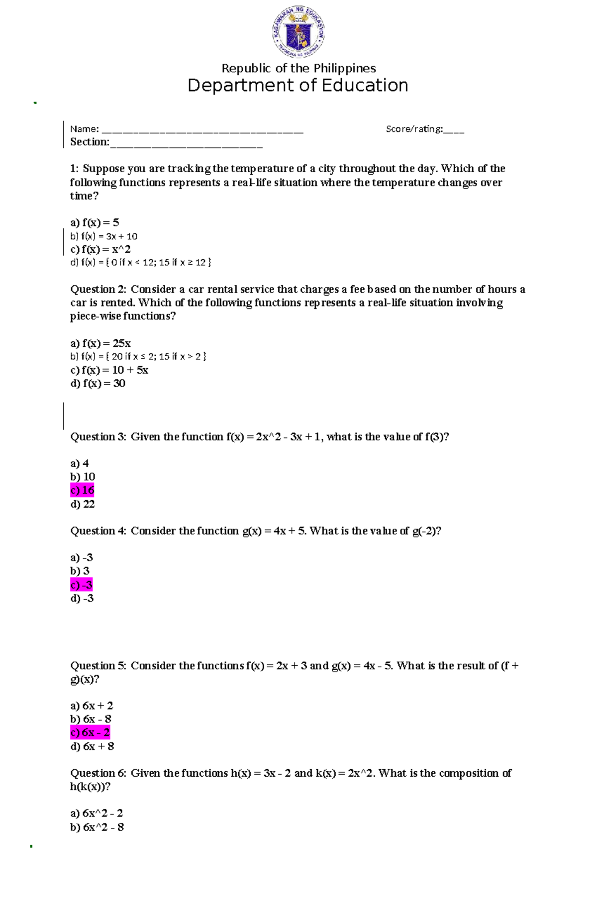 GEN MATH Q1Q3 TEST - Functions, Equations, and Graphs - Studocu