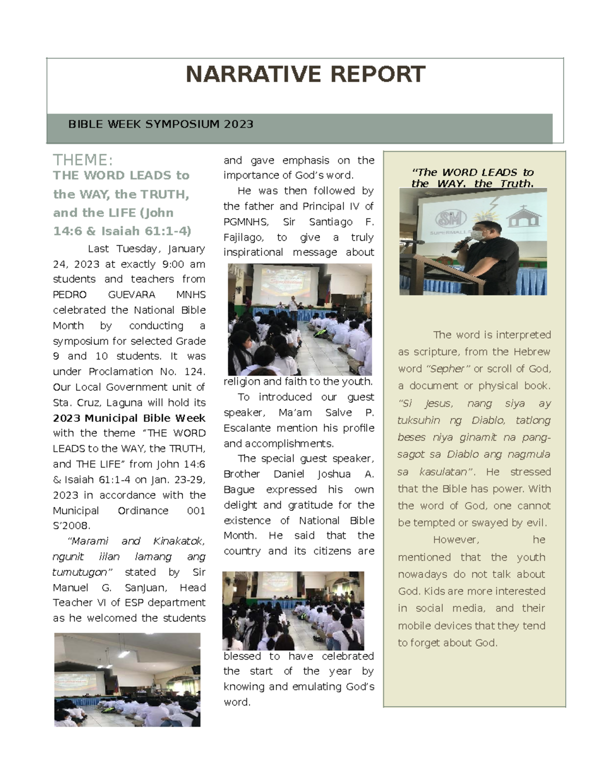 NARRATIVE REPORT: BIBLE WEEK SYMPOSIUM 2023 - THE WORD LEADS - Studocu